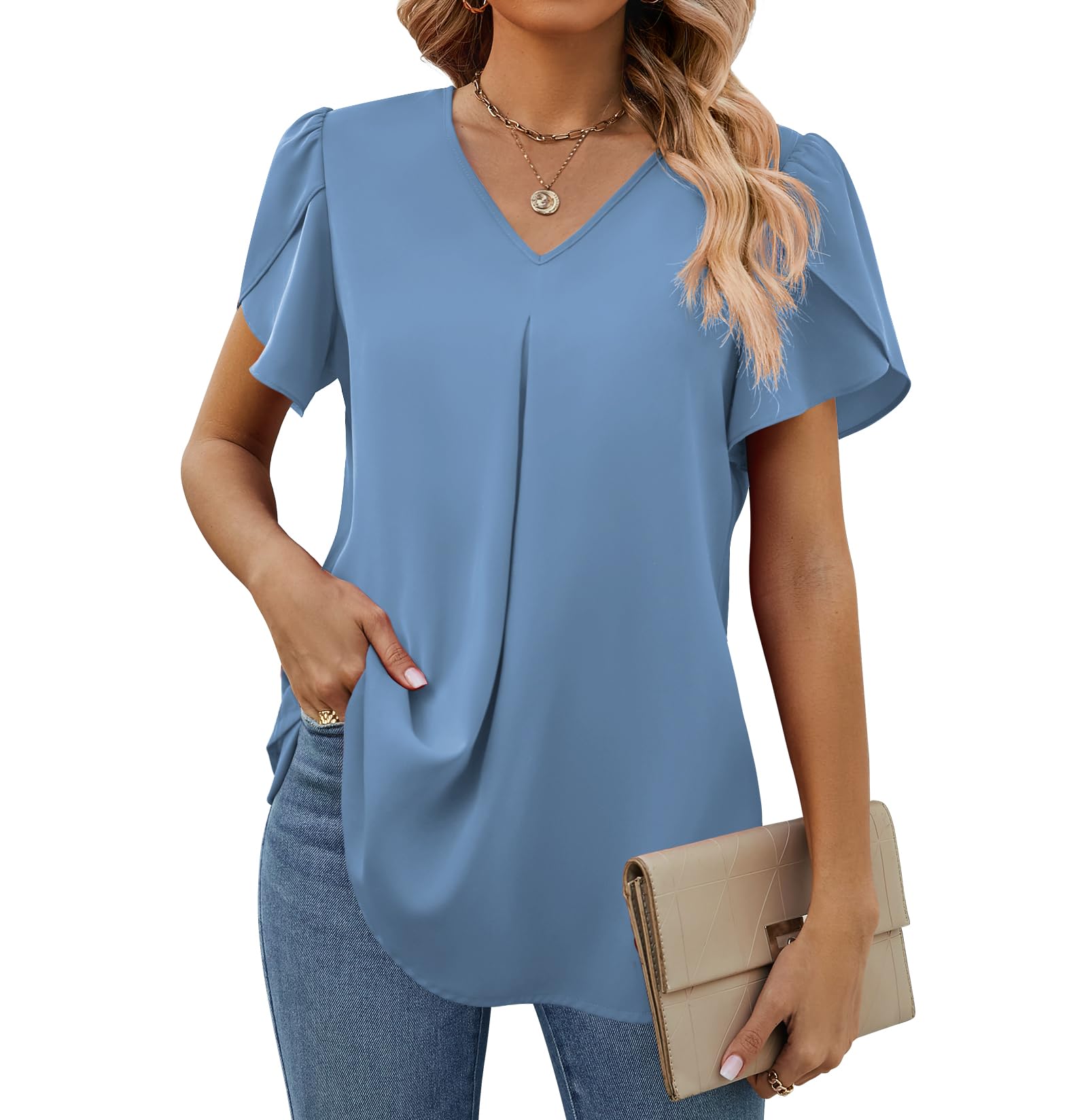 Funlingo Womens Summer Dressy Tops V Neck Short Sleeve Polyester Work ...