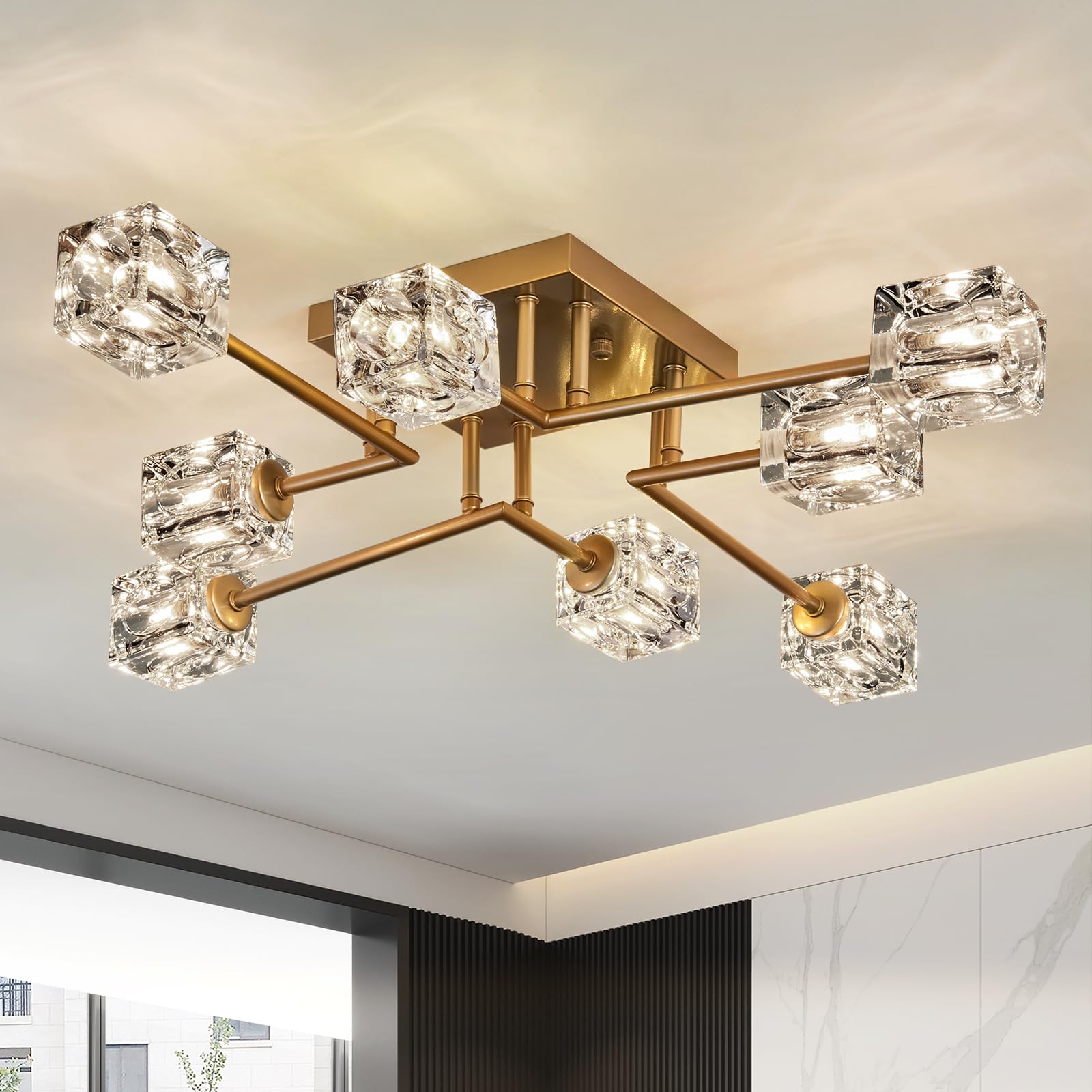 Qgiytp Vintage Gold Semi Flush Mount Ceiling Light 8-Light Glass ...