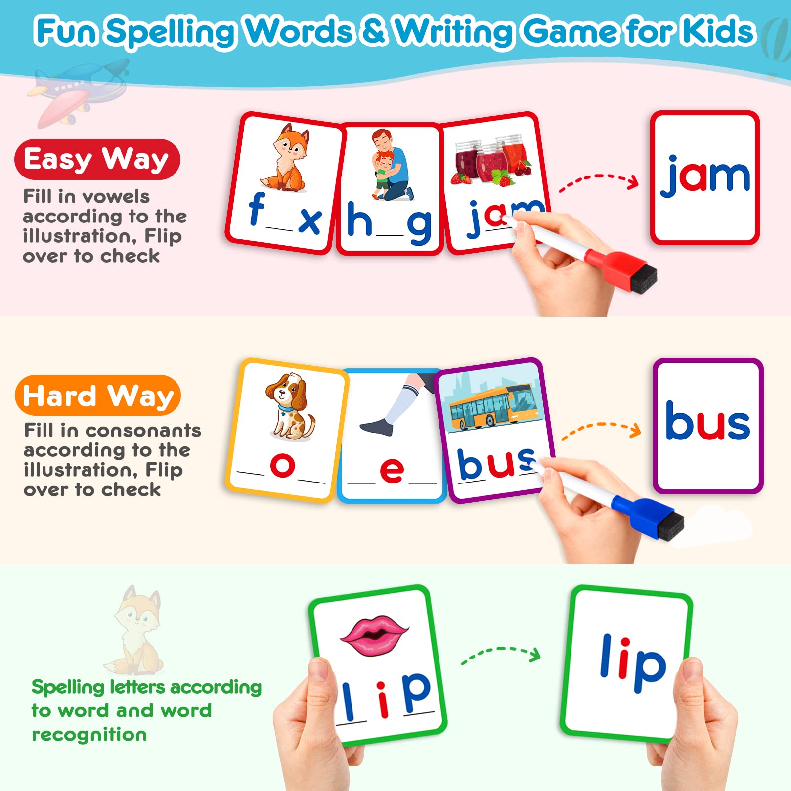Mua Short Vowel Spelling Flashcards, CVC Sight Words Handwriting Cards, Learn to Write Phonics ...