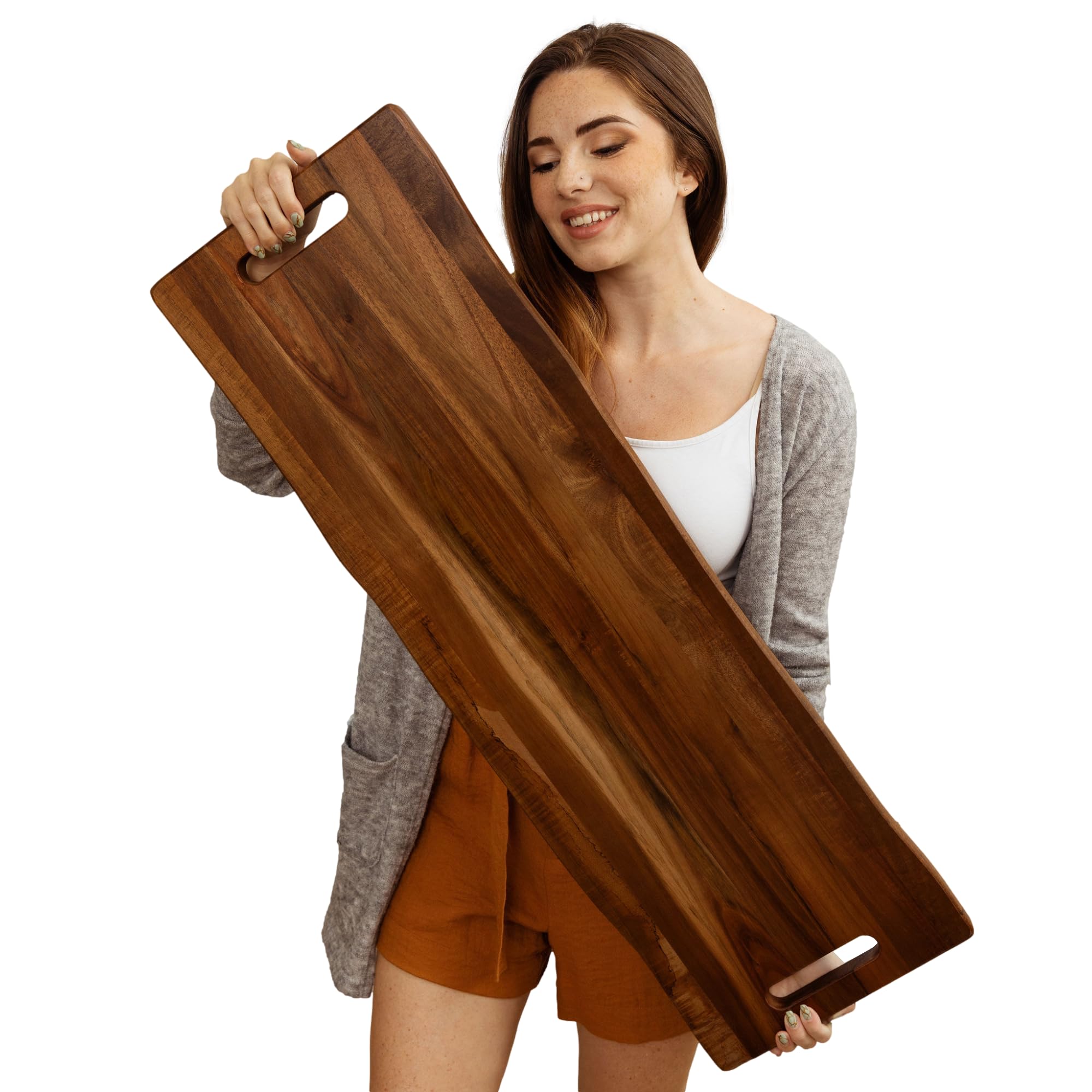 Large Acacia Serving Board with Handles, 36 x 12 Inch Rectangular ...