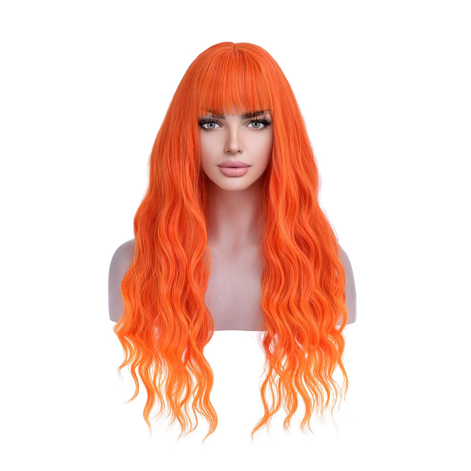 MAGQOO Orange Ombre Flame Fire Wig with Bangs Long Curly Wavy Orange ...