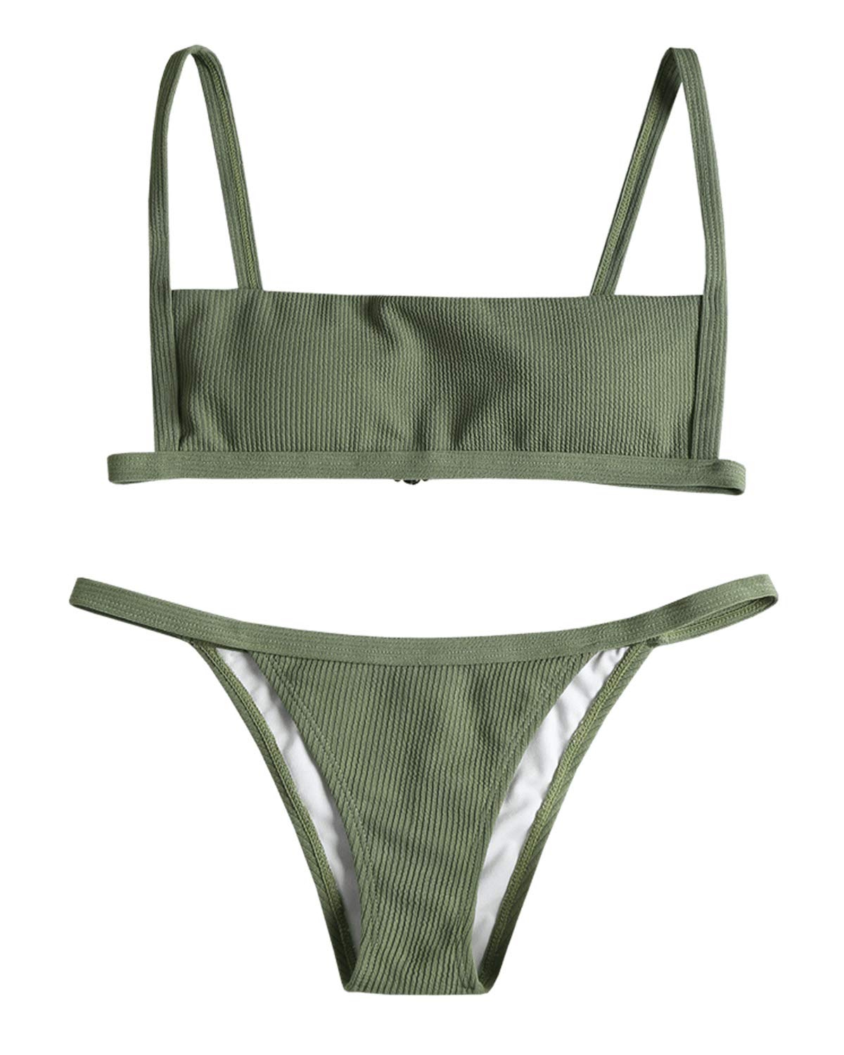 ZAFUL Women’s Ribbed Hook String Bikini Set Square Collar High Cut 2 ...