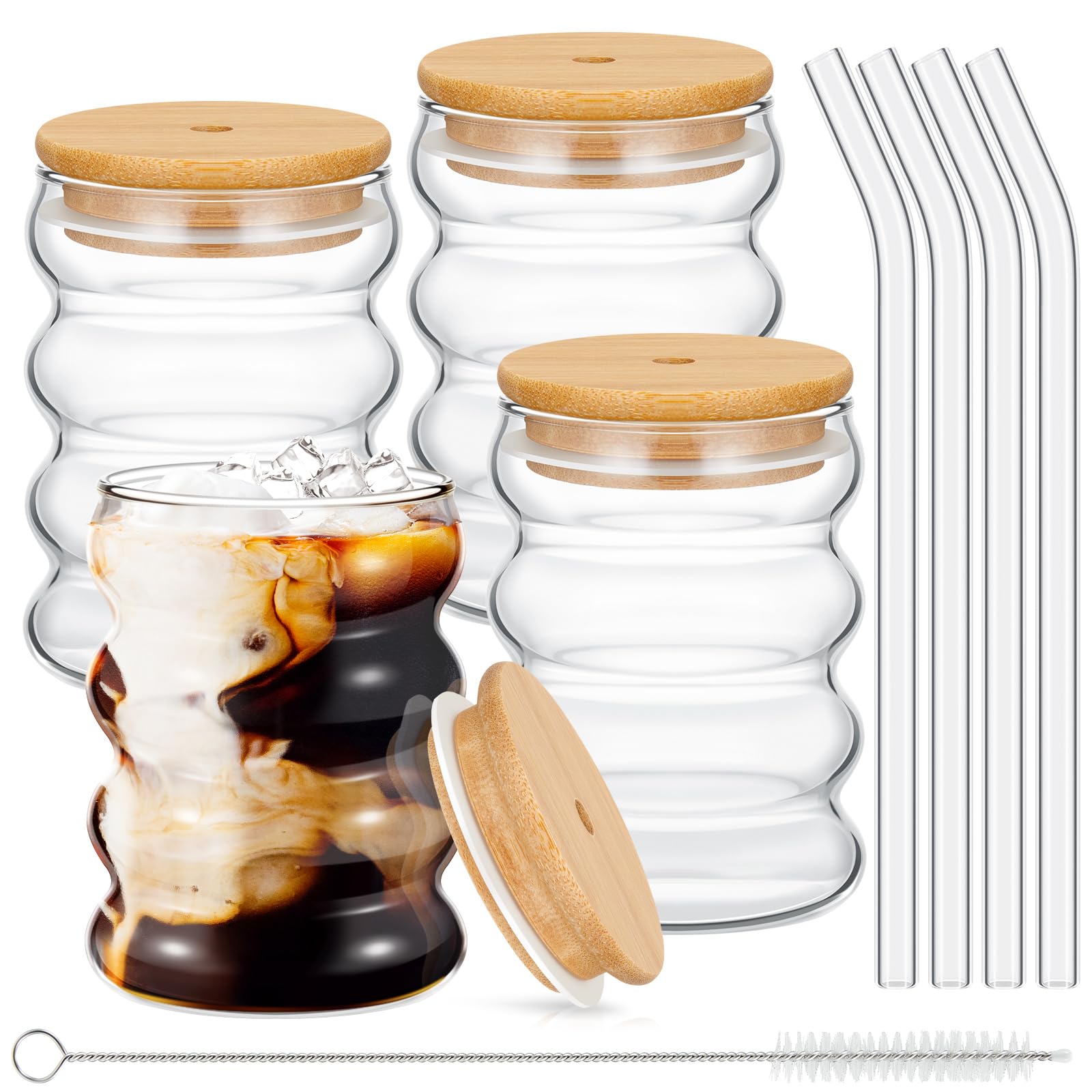 Tessco 4 Pcs Creative Glass Cups with Lids and Straws Brush 12 oz ...