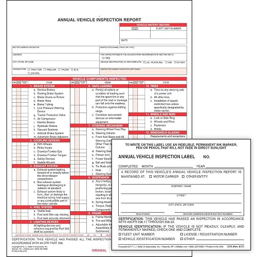 J. J. Keller 50-Pack, Annual Vehicle Inspection Report Form & Adhesive ...
