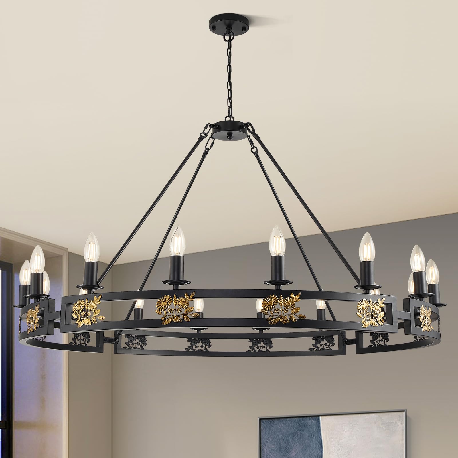 44" Black Chandelier, 16-Light Farmhouse Wagon Wheel Chandelier, Rustic ...