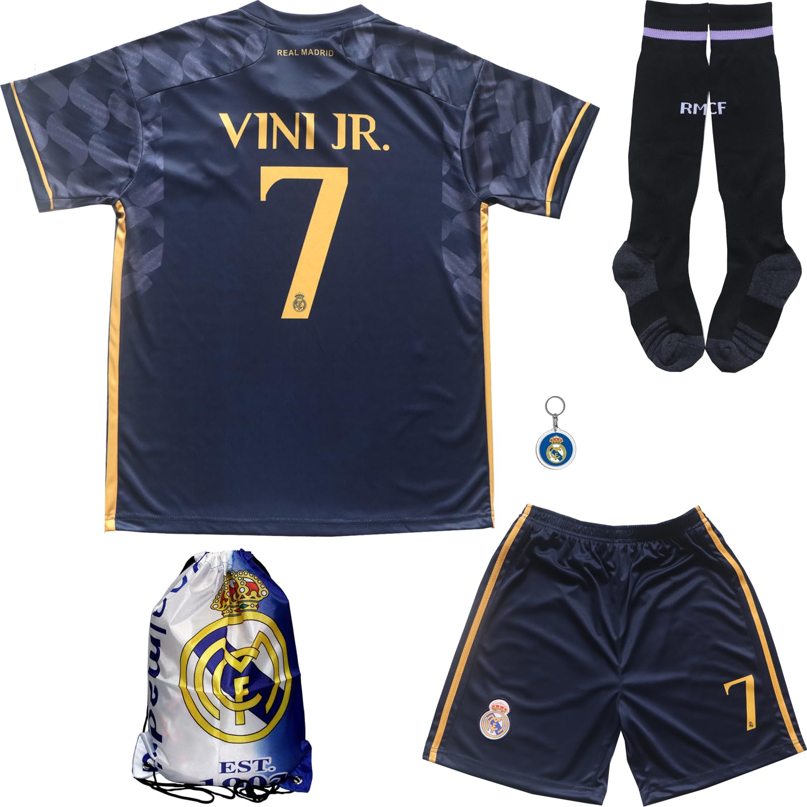 LeenBD 2023/2024 New Vini Jr. No #7 Madrid Away Navy Kids Soccer Jersey ...
