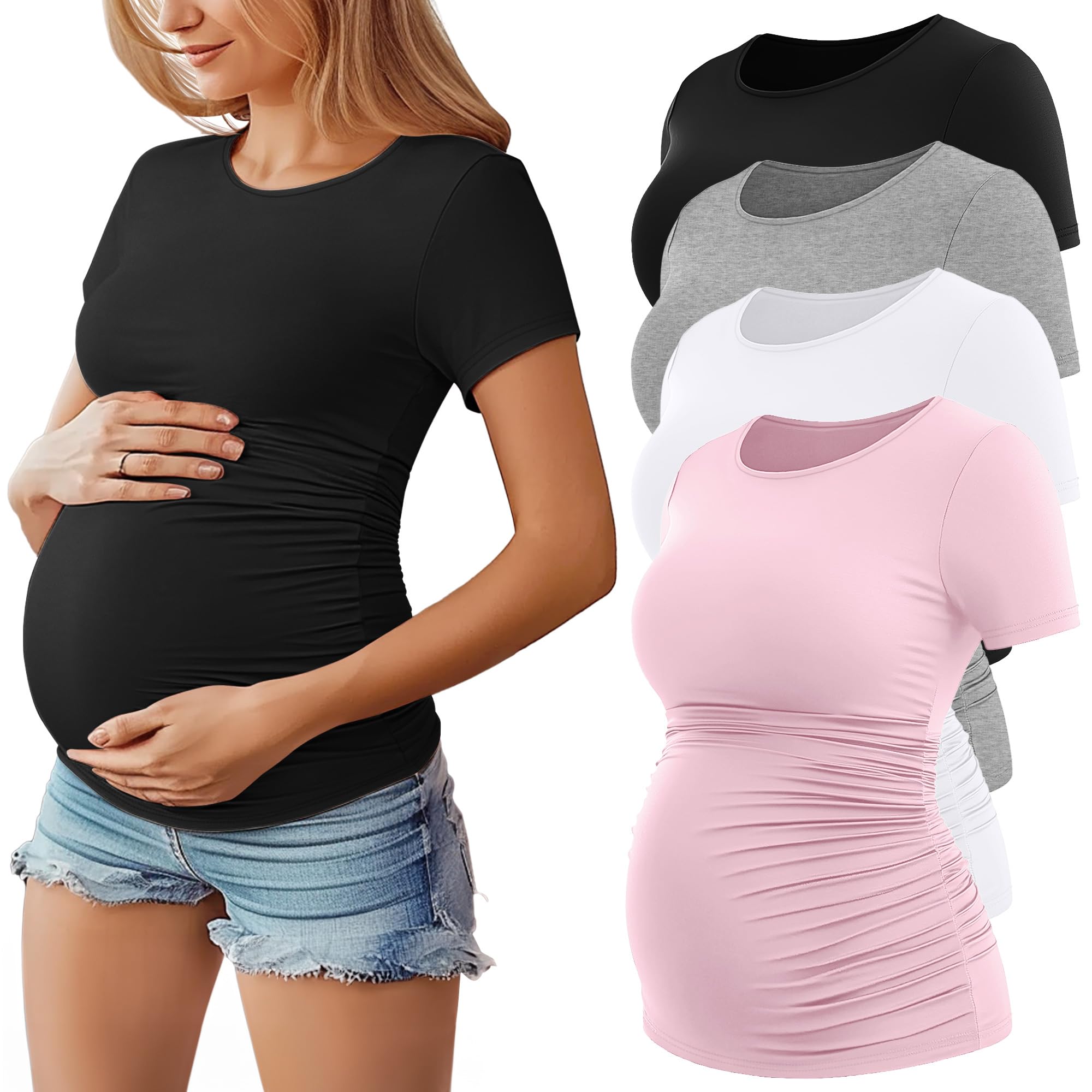 Huukeay 4 Pack Women's Maternity Shirts, Crew Neck Maternity Top Short ...