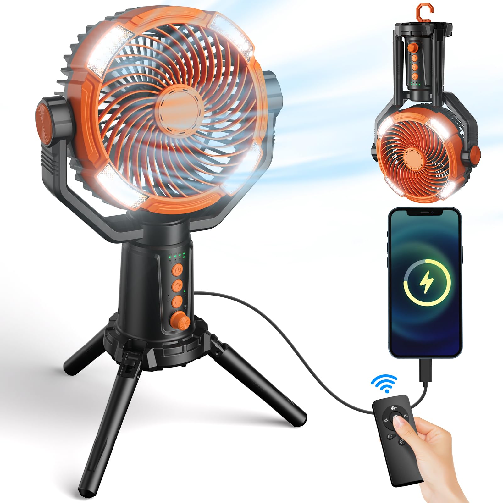 VOSFEEL Camping Fan with LED Light, 10000 mAh Battery Powered Fans with ...