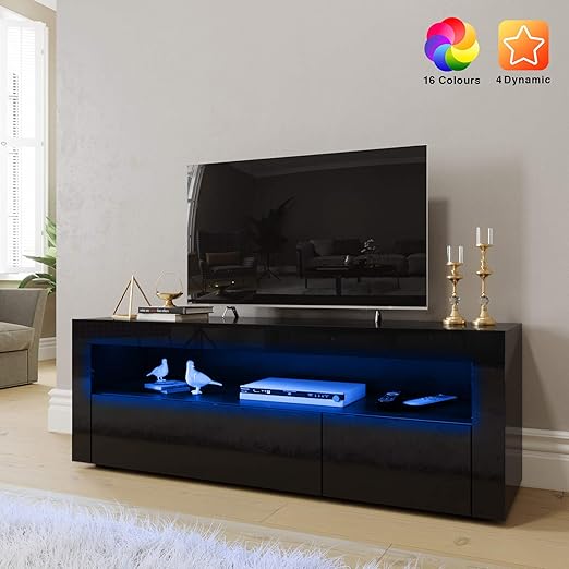 ELEGANT 1200mm LED Light TV Cabinet Modern Black High Gloss TV Stand ...