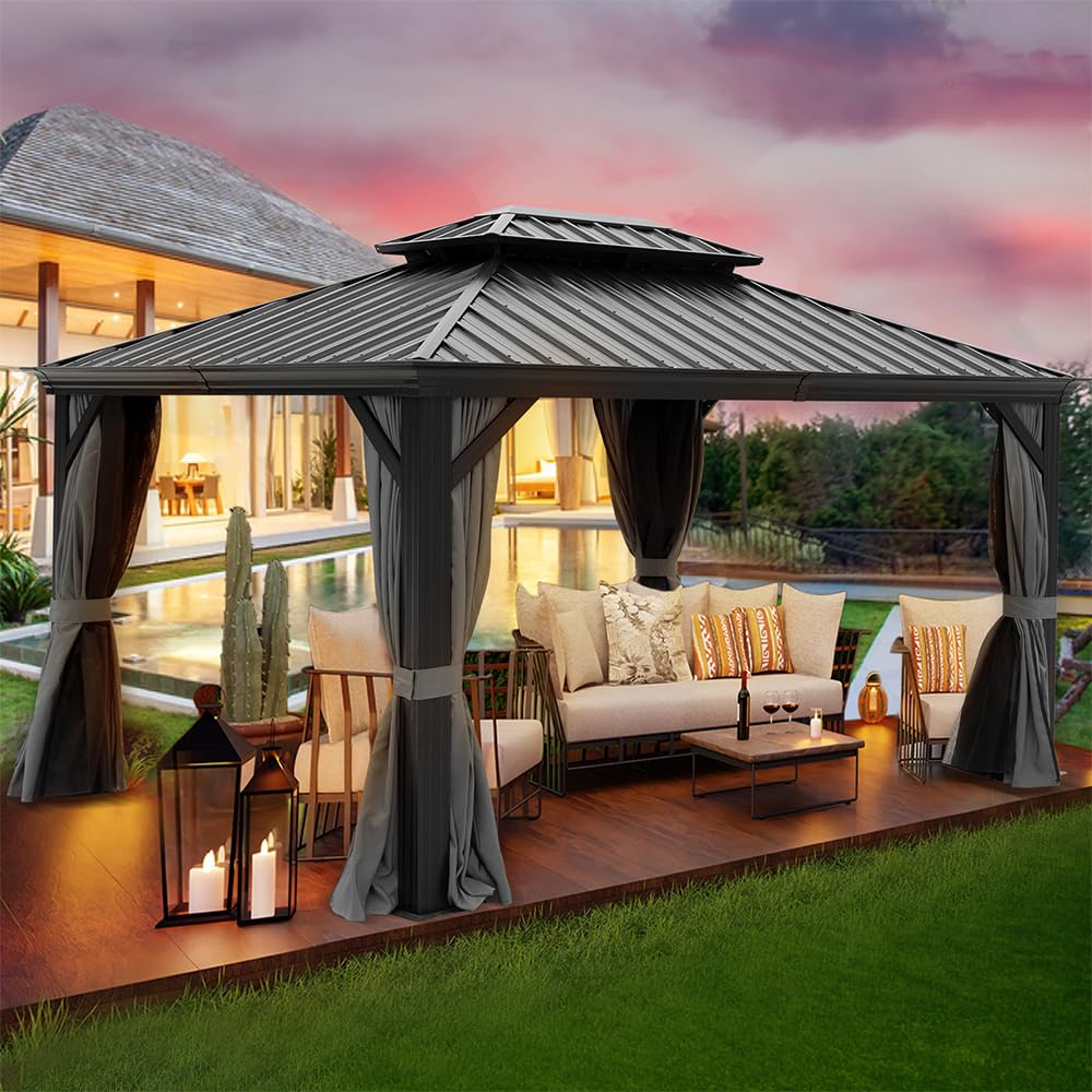 Evedy Outdoor Gazebos 10X12ft,Hardtop Gazebos with Curtains&Netting ...