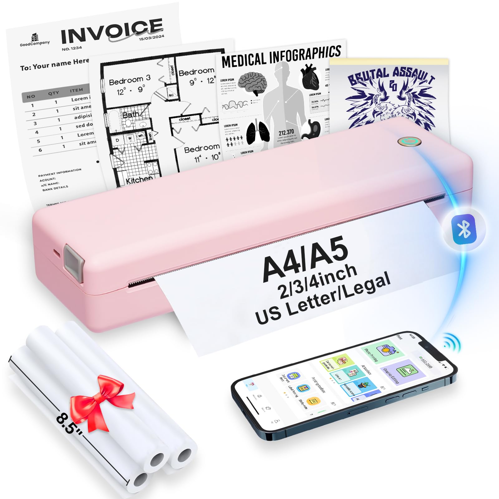 Portable Inkless Printer Wireless for Travel - Bluetooth Thermal ...