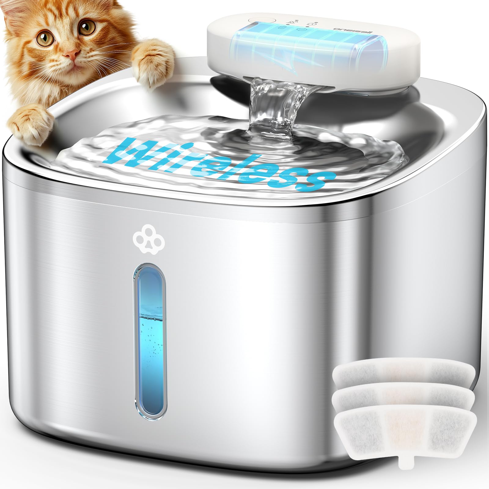 oneisall Wireless Cat Water Fountain, 3.5L/118oz Battery Operated Pet ...
