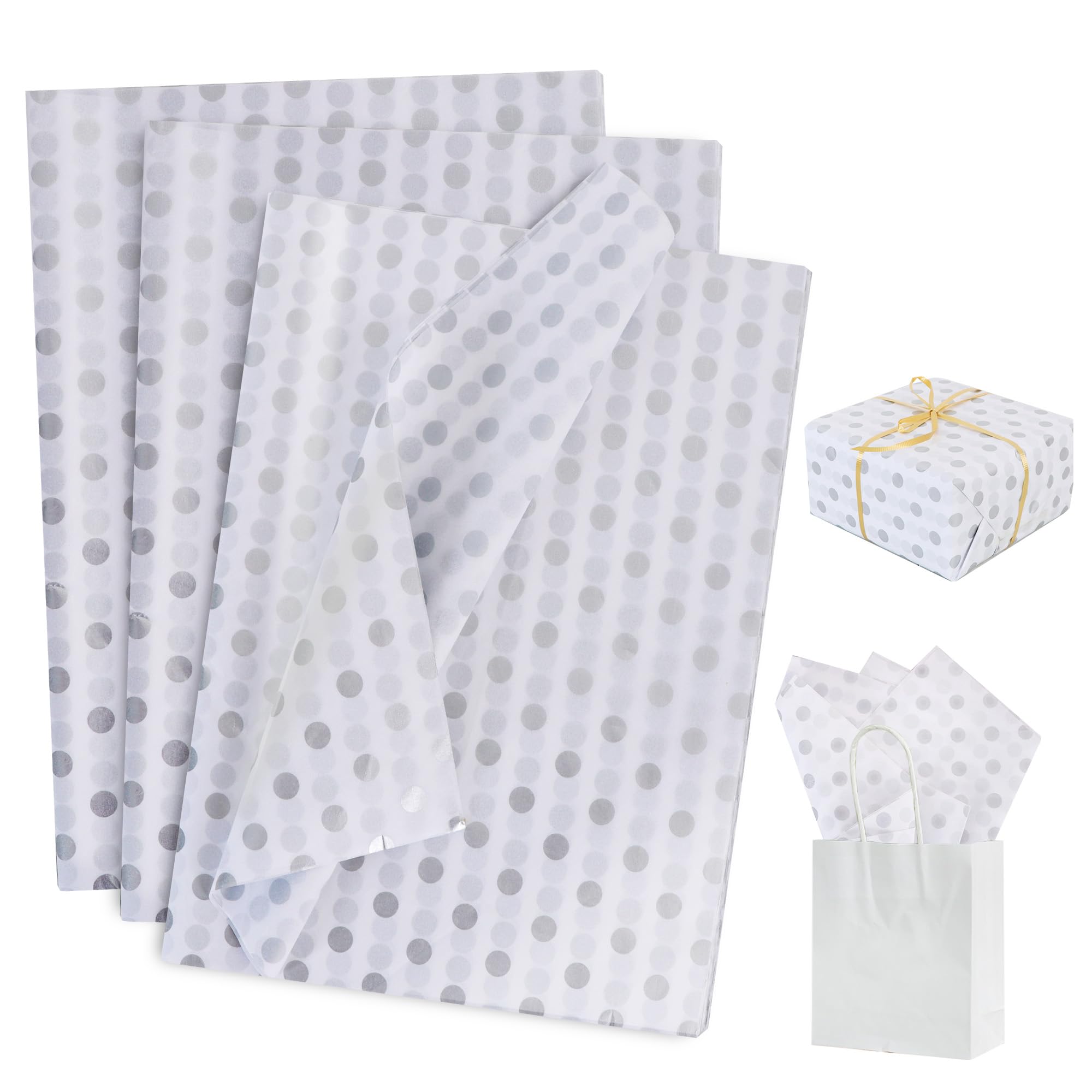 BEISHIDA 100 Sheets White and Silver Tissue Paper Bulk, Polka Dot ...