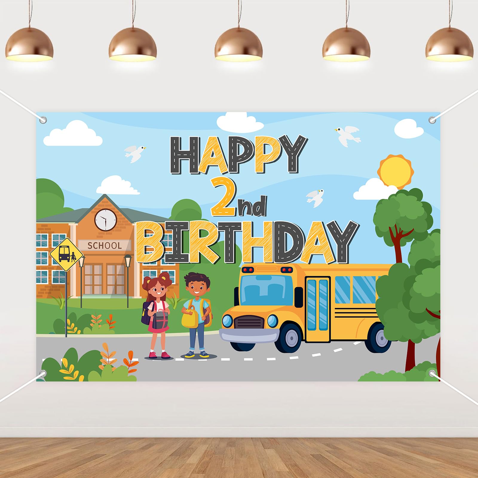 Kreatwow School Bus Birthday Backdrop Banner 4.92x3.28ft Yellow Bus 2nd ...