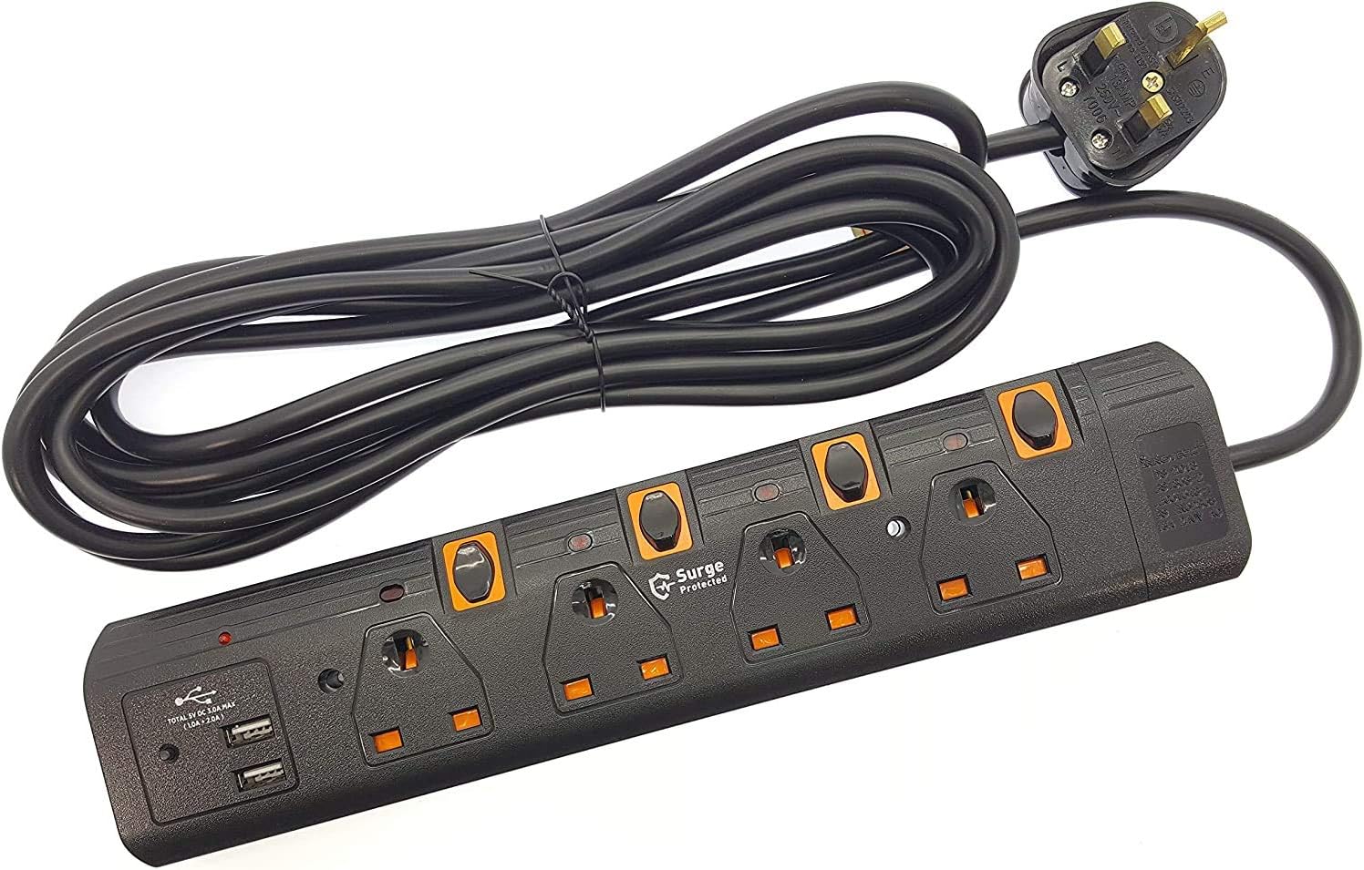 4 way switched socket outlet extension lead plus 2 way USB ports and ...