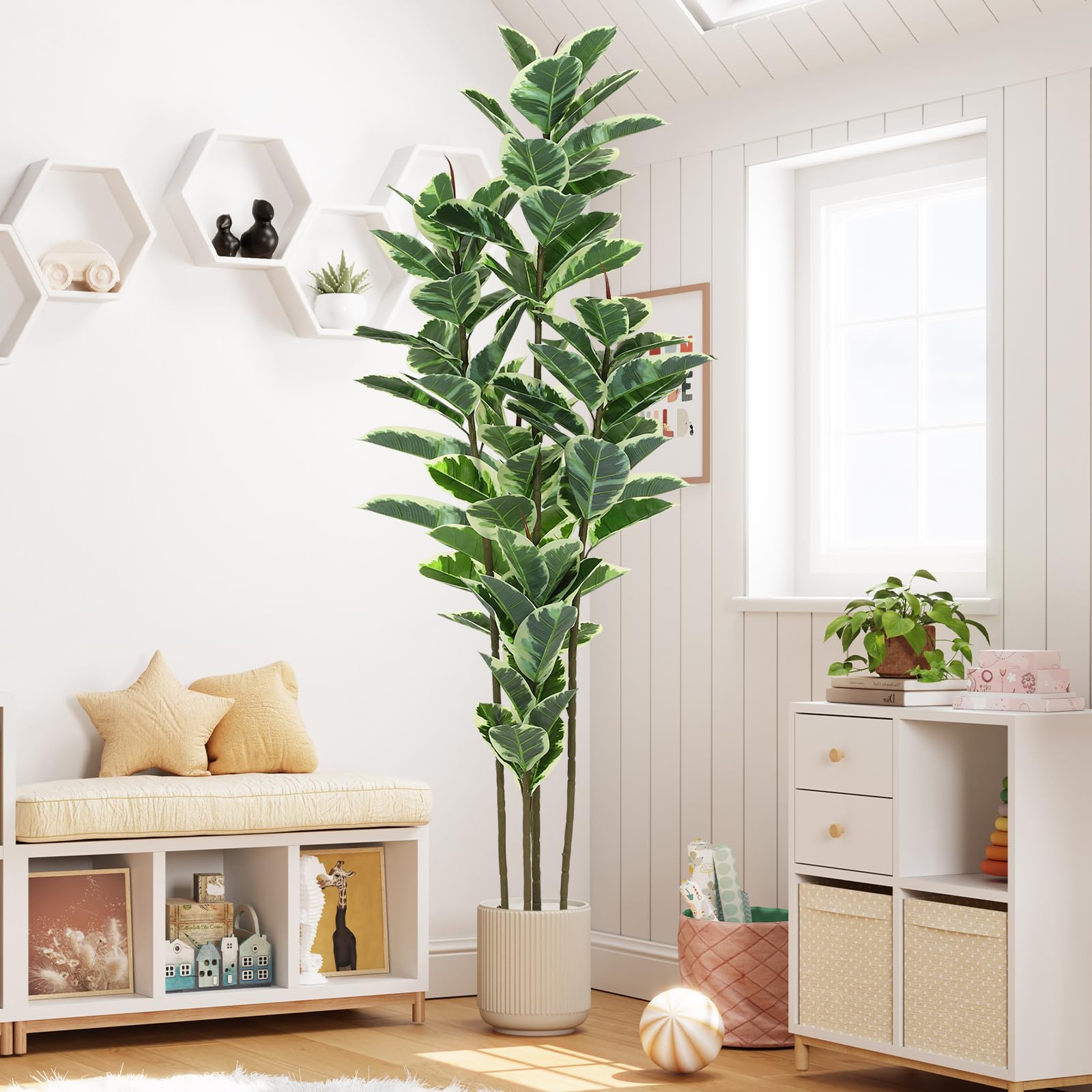 VIAGDO Artificial Rubber Tree Plant 7ft Tall Faux Rubber Plant with Pot ...