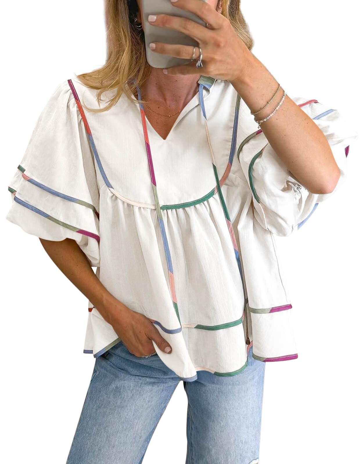 Cicy Bell Womens Summer Babydoll Tops V Neck Short Lantern Sleeve ...