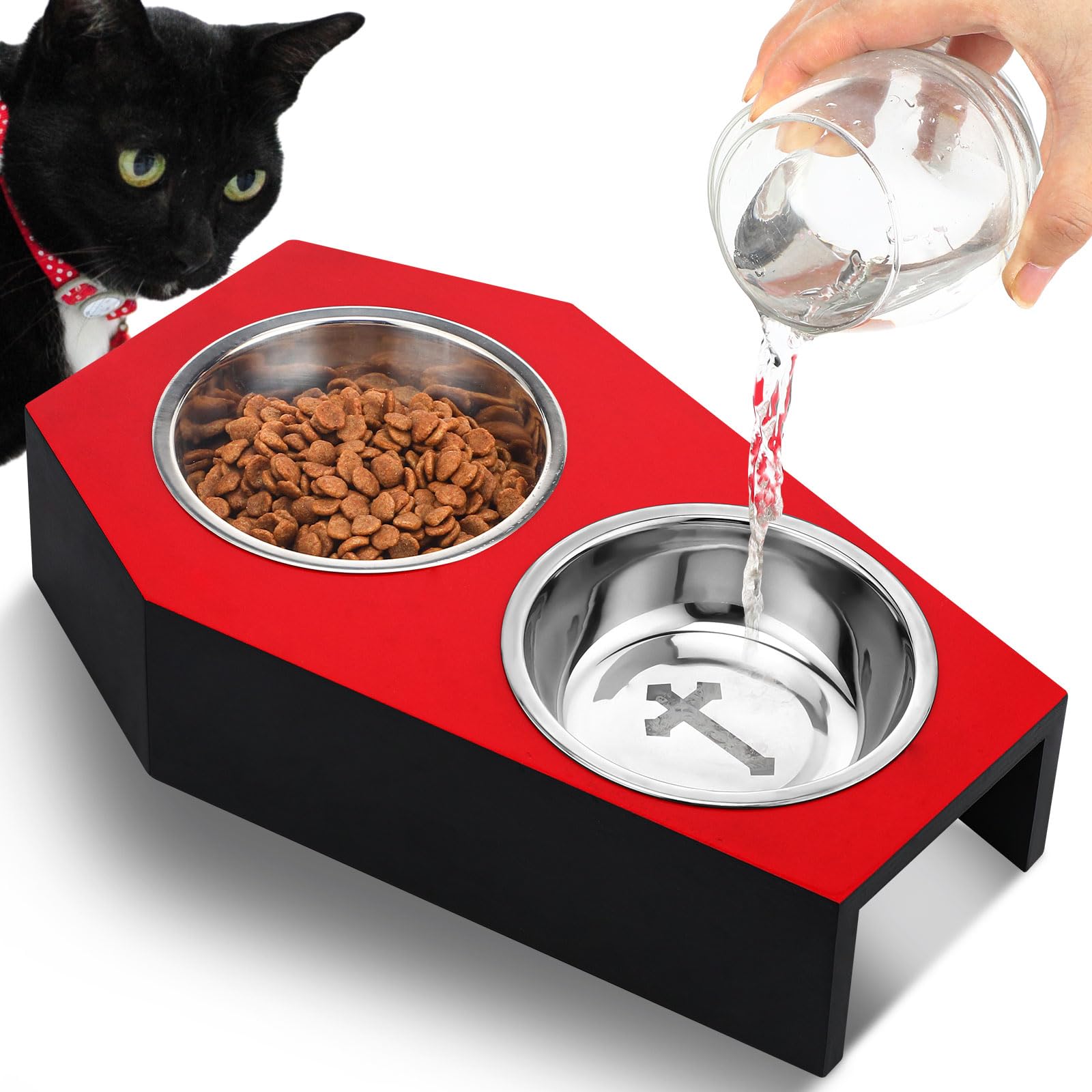Teenyyou Gothic Cat Food Bowls Wooden Coffin Cat Bowl 5°Raised Cat ...