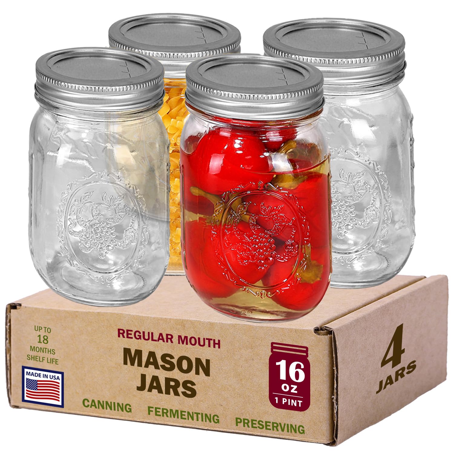 Regular Mouth Mason Jars 16 oz. (4 Pack) - Pint Size Jars with Airtight Lids and Bands - Made in ...