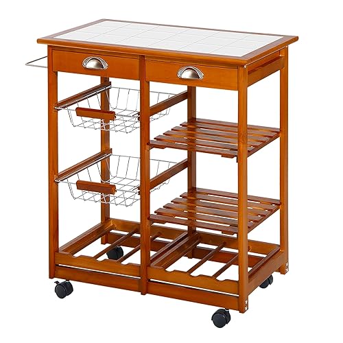 HOMCOM Wooden Rolling Kitchen Cart, Tile Counter Top Kitchen Island on ...