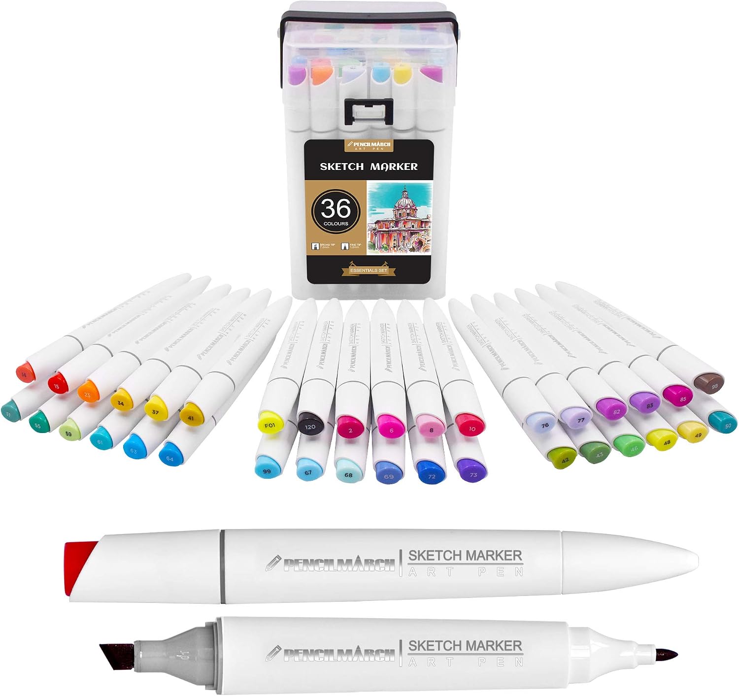 PENCILMARCH Sketch Markers Pen Pack of 36 Colours + Carry Case ...