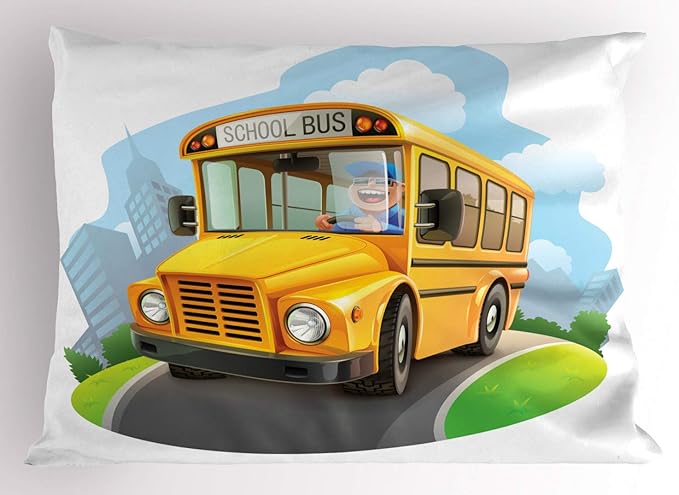 Amazon.com: Ambesonne School Bus Pillow Sham, Bus Driver Laughing and ...