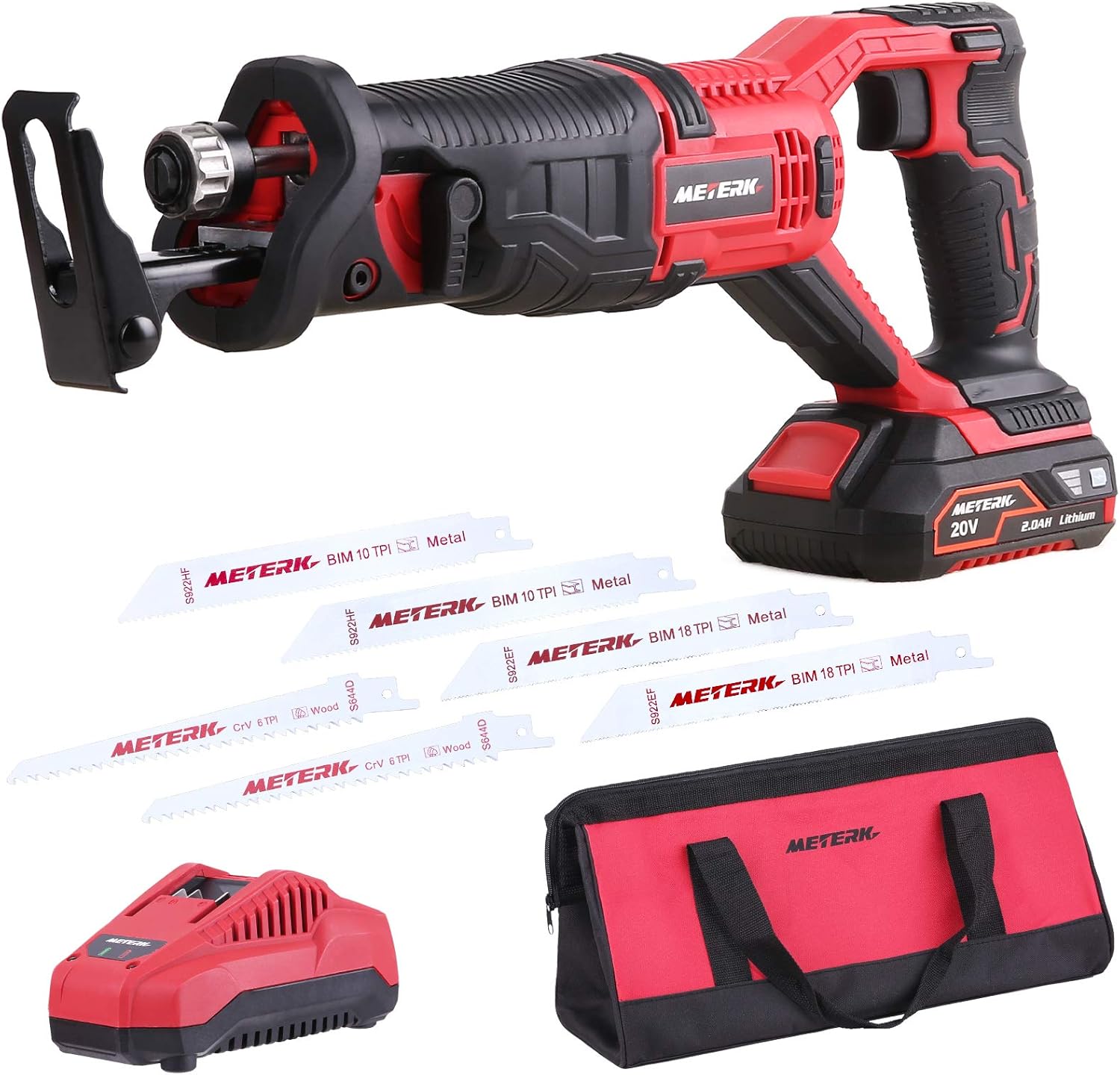 Meterk 20V Cordless Reciprocating Saw, 2.0Ah Lithium Battery Pack, 0 ...