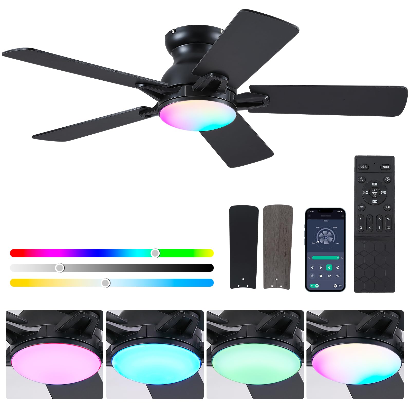 CHESUR Ceiling Fan with RGB LED Light - 48" Black Flush Mount, 5 Blade ...