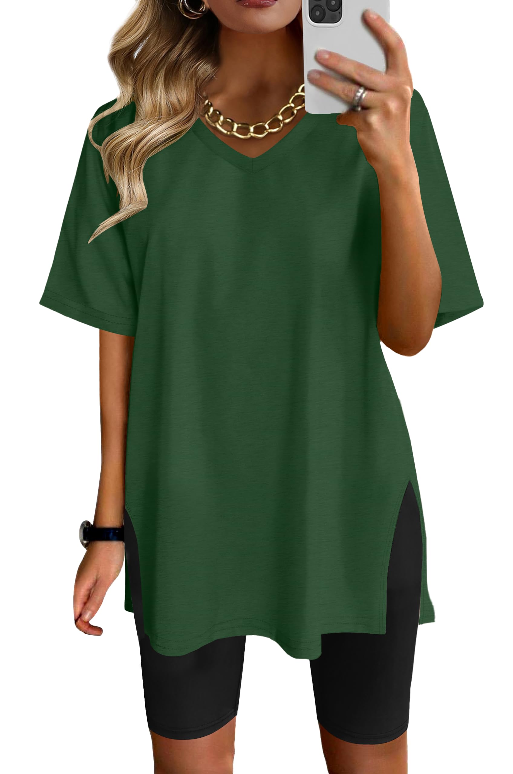 Womens Tops Short Sleeve Casual Summer V Neck Tee Shirts Side Slit Dark ...