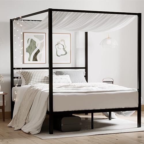 ikalido Queen Size Metal Canopy Bed Frame, Modern Four-Poster Platform ...