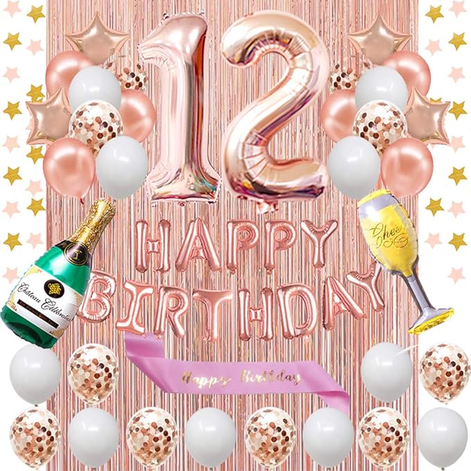 Fancypartyshop 12nd Birthday Decorations - Rose Gold Happy Birthday ...