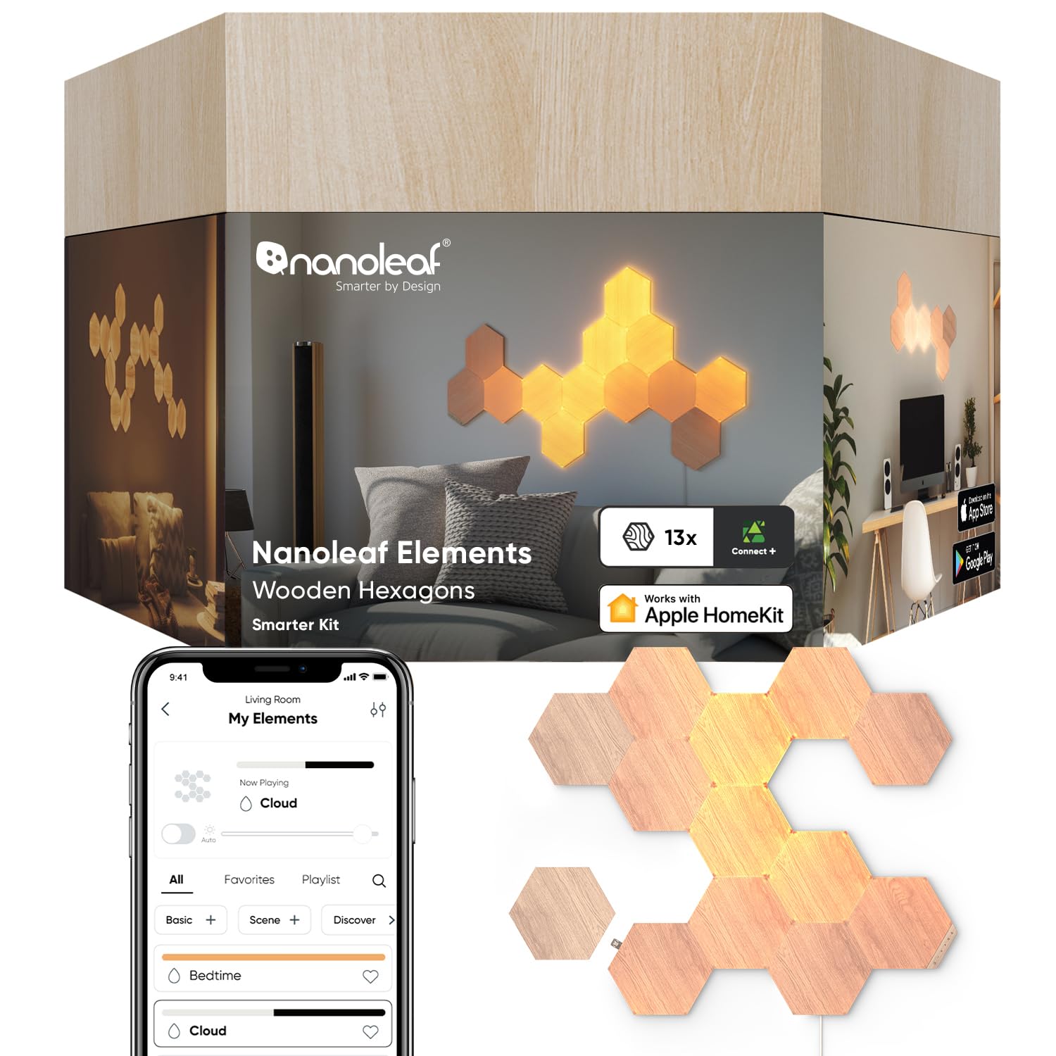 Nanoleaf Elements Wood Look Hexagons WiFi and Thread Smart LED Dimmable ...
