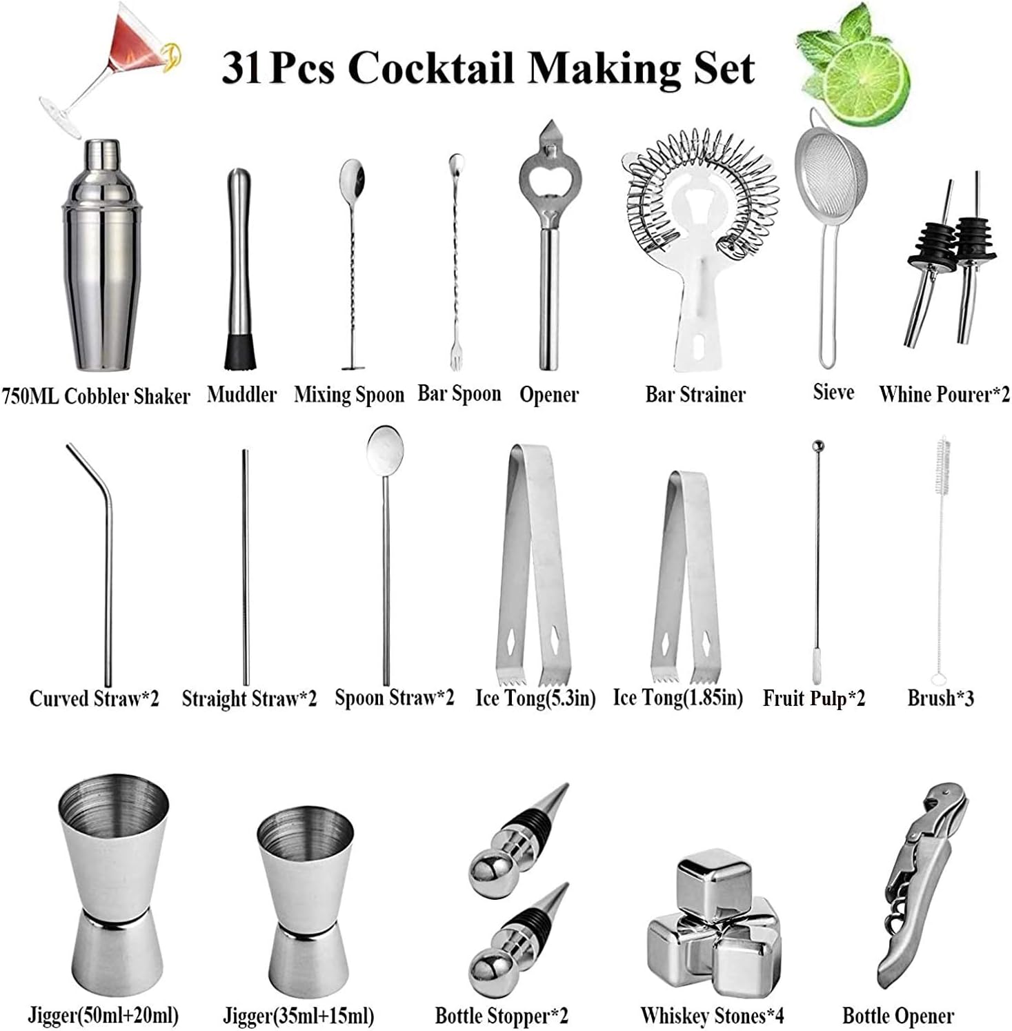 31Pcs Cocktail Shaker Set 750ml Bartender Making Kit with Bar ...