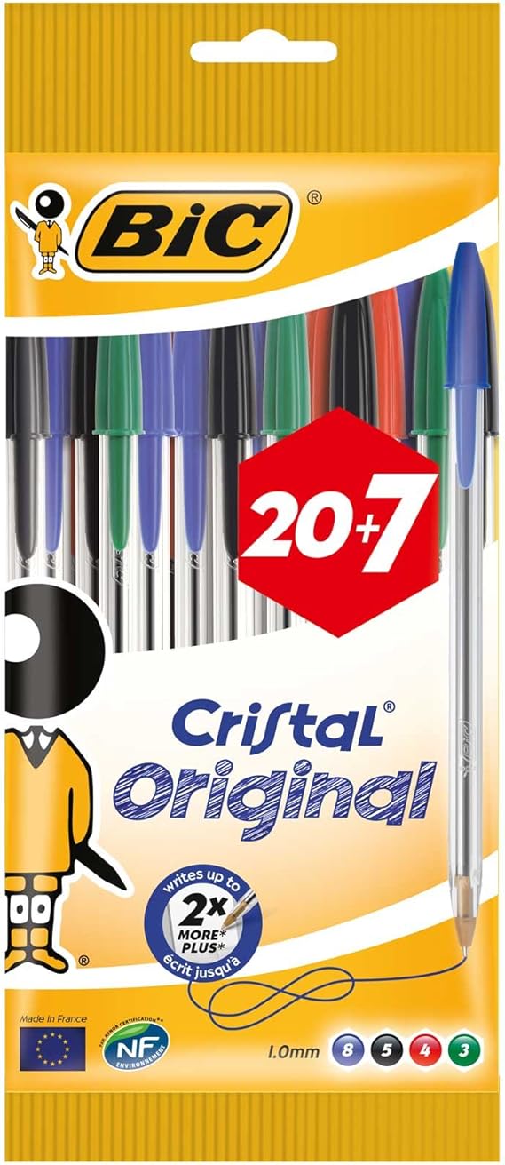BIC Cristal Original Ballpoint Pens Medium Point (1.0 mm) – Assorted Colours, Pouch of 20+7 ...