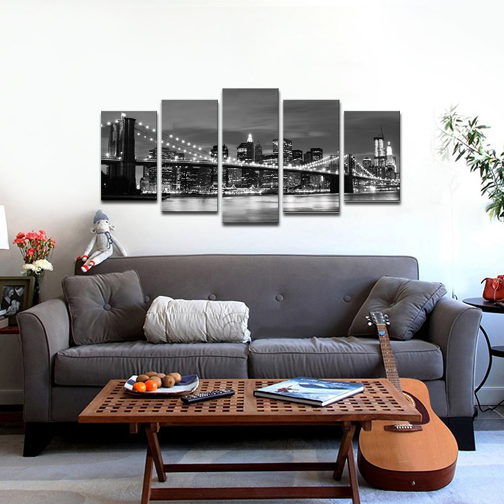 Wieco Art Brooklyn Bridge Night View 5 Panels Modern Landscape Artwork ...