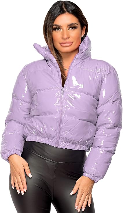 Womens Wet Look Vinyl PVC PU Shiny Cropped Puffer Jacket Coat: Amazon ...