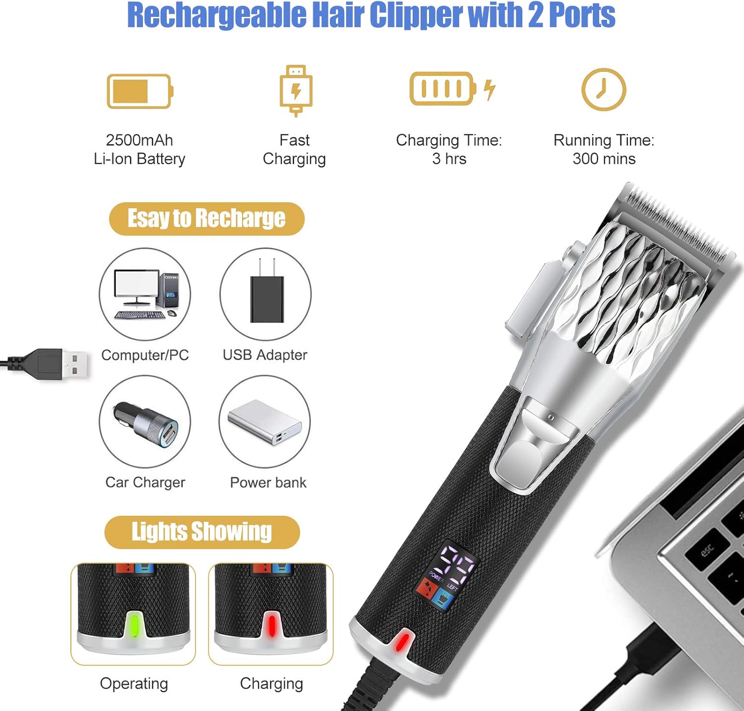 BESTBOMG Hair Clippers Rechargeable Stainless Steel Hair Clipper Set ...