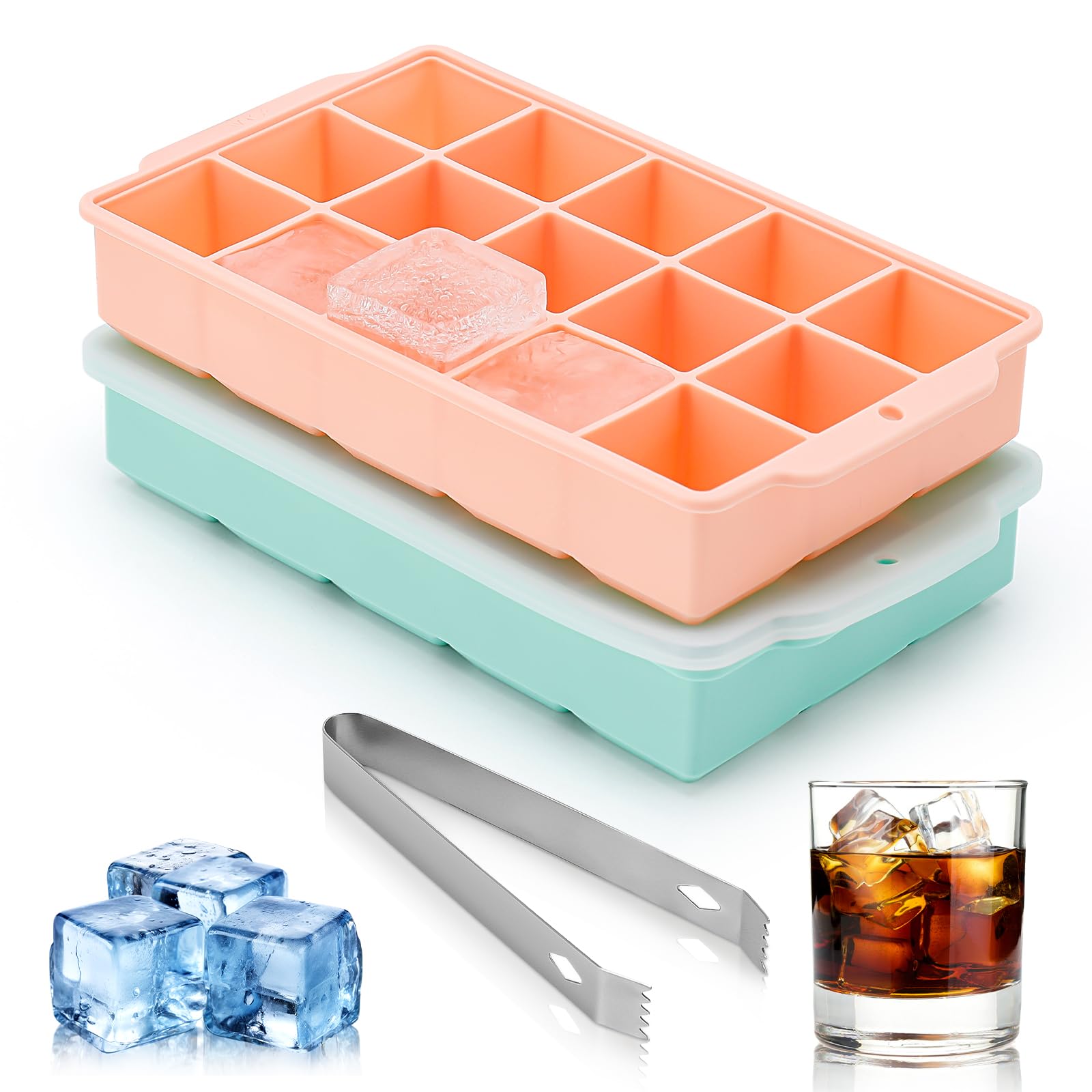 Reespring Ice Cube Tray, Ice Tray for Freezer with Lid, 2 Pack Silicone ...