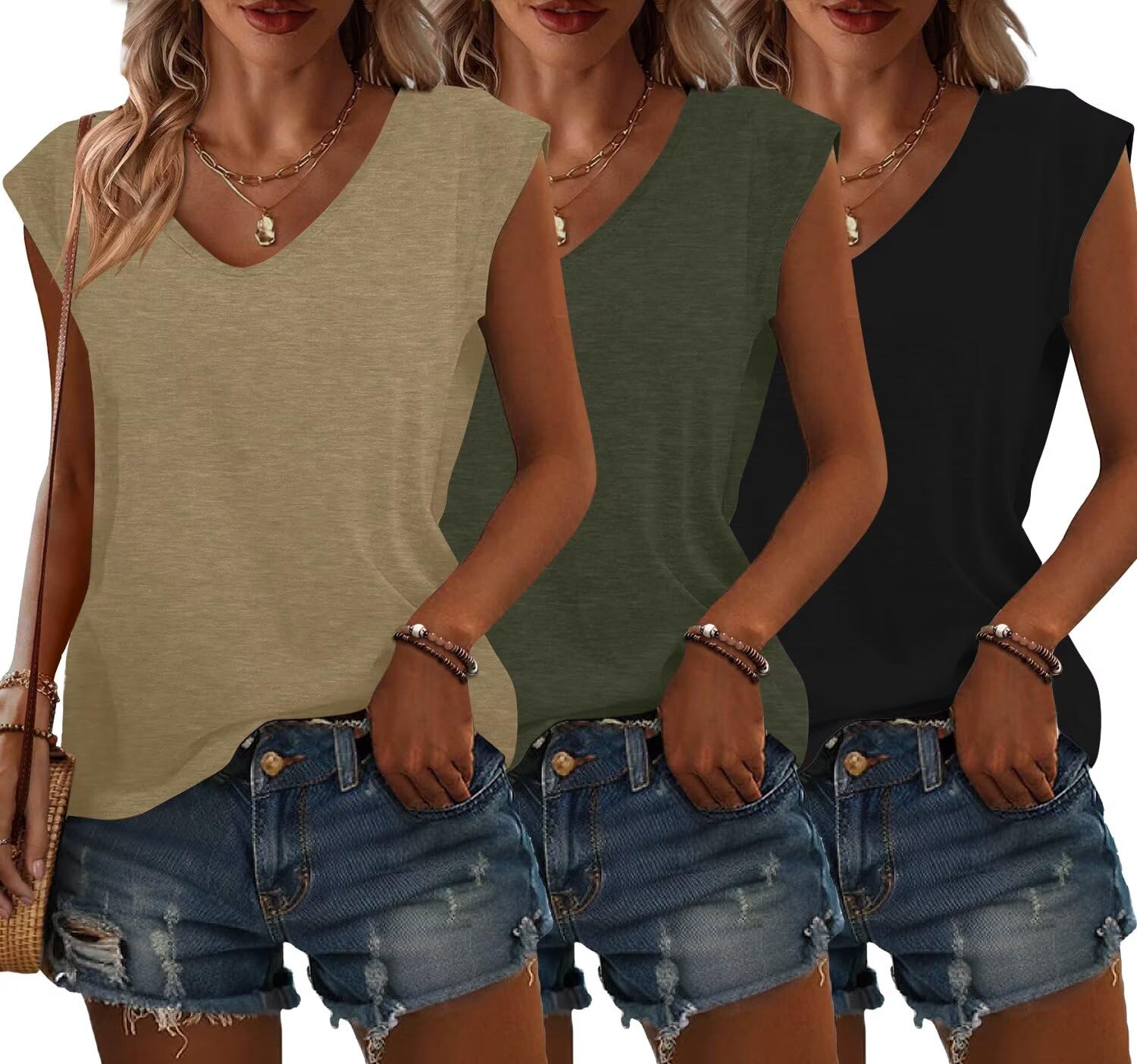 Bliwov 3 Pack Womens Cap Sleeve Tops V Neck T Shirts Spring Summer ...