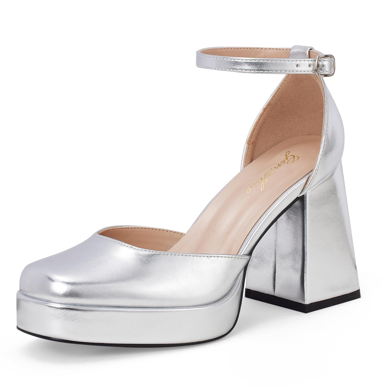 GENSHUO Women's Platform Chunky Heel Pumps - 4 Inches Closed Square Toe ...