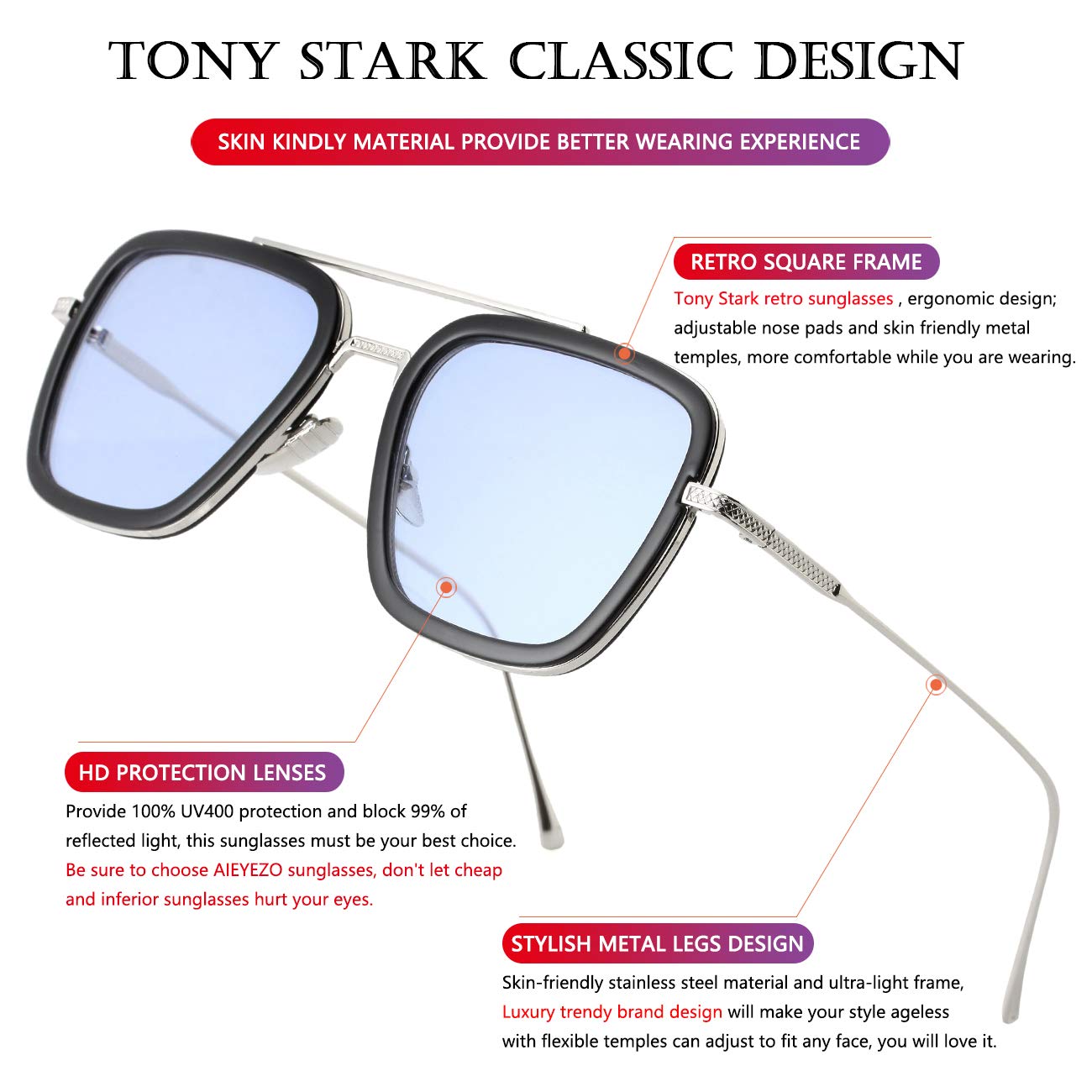 Mua AIEYEZO Tony Stark Sunglasses Vintage Square Metal Frame Eyeglasses ...