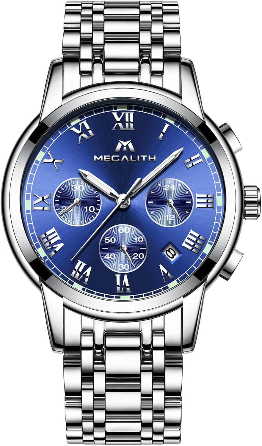 Mens Watches Chronograph Waterproof Date Blue Silver Stainless Steel ...