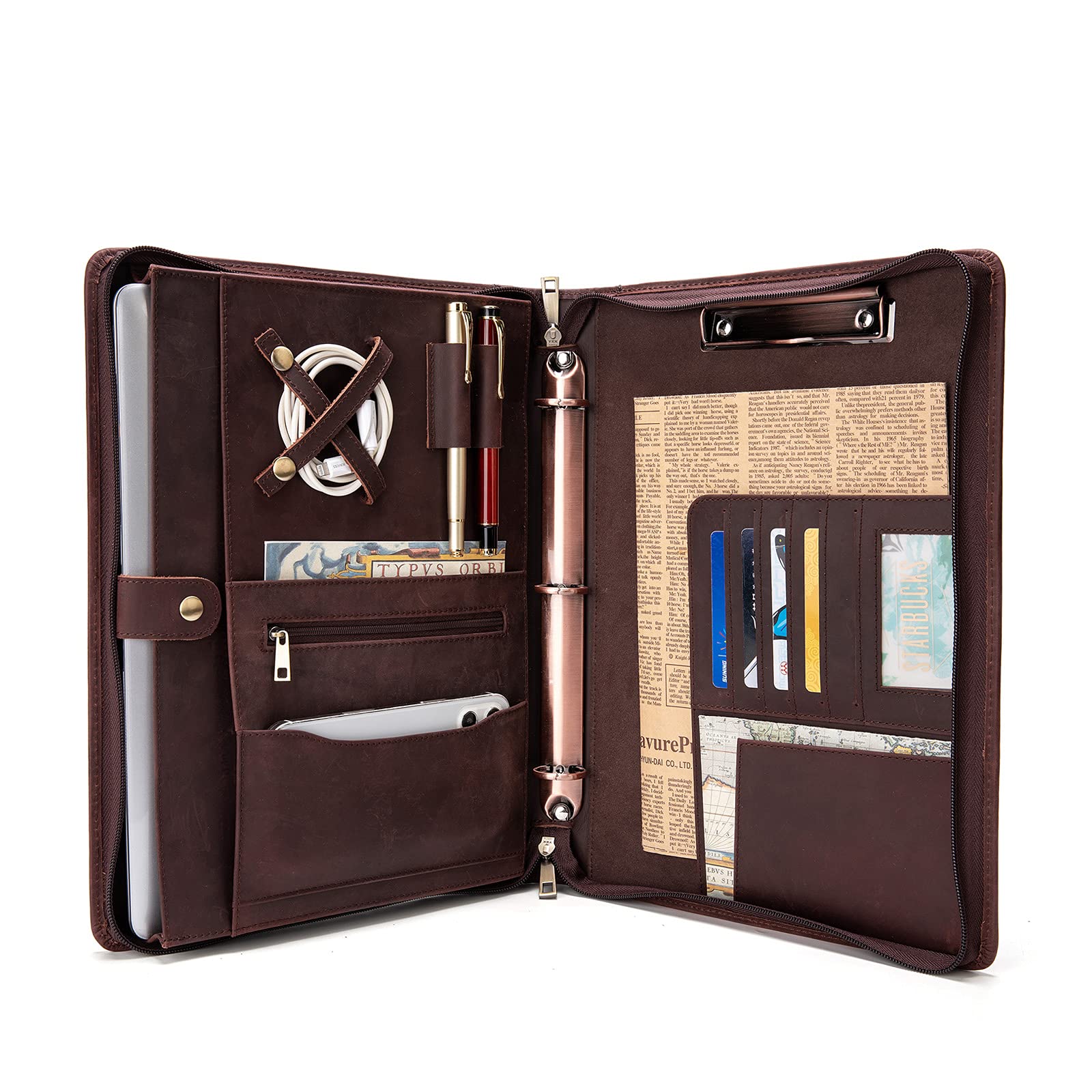 Handmade Genuine Leather Portfolio, Zippered Padfolio with 3 Ring ...
