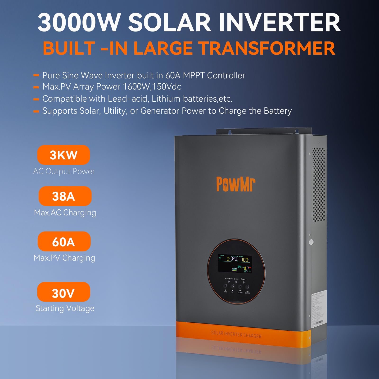 Mua PowMr 3000W Solar Inverter 24VDC to 110VAC, 3KW Off-Grid Hybrid Inverter Built-in 60A MPPT ...