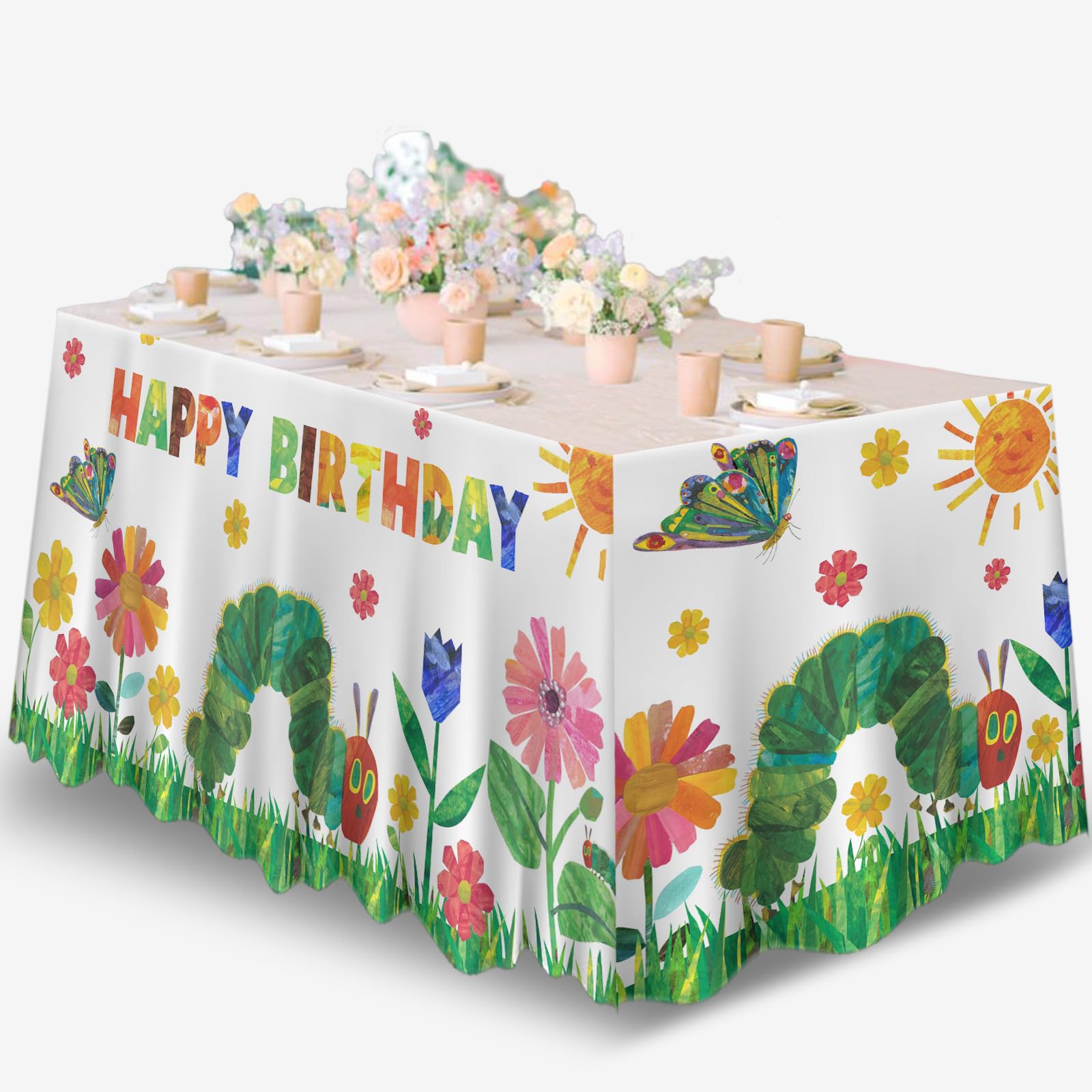 Junliang Cartoon Very Hungry Little Green Caterpillar Table Skirt Happy Birthday Table Cover ...