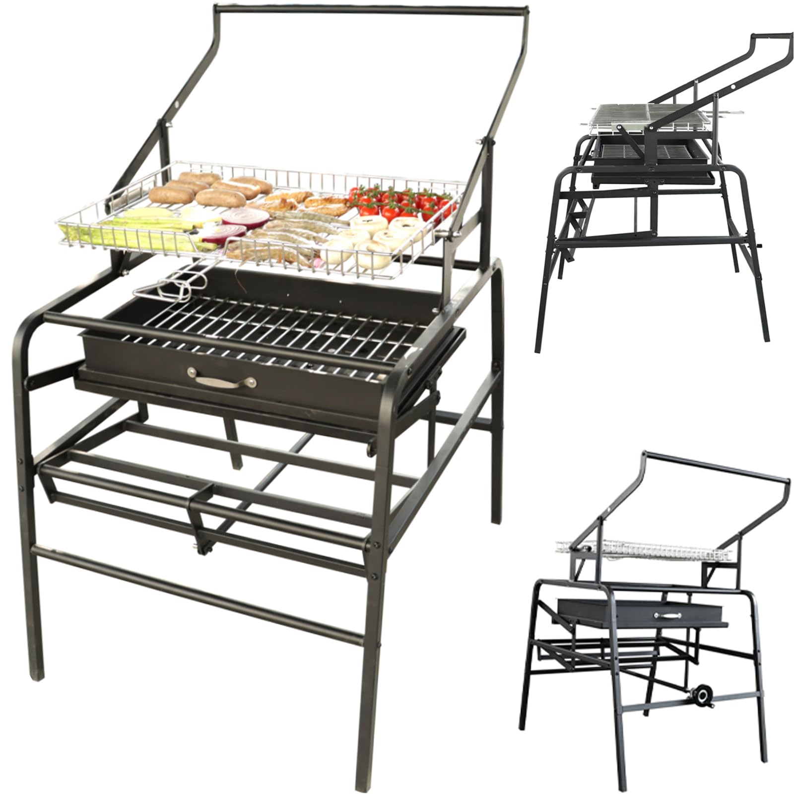 Rotatable Charcoal Grills with Height-adjustable Charcoal Tray, Mesh ...