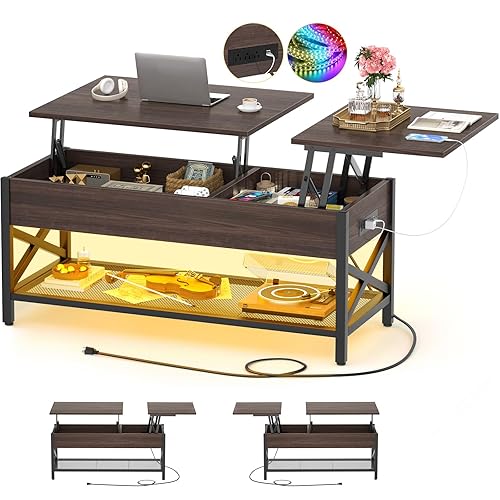 Aheaplus Lift Top Coffee Center Table with LED Light and Power Outlet ...