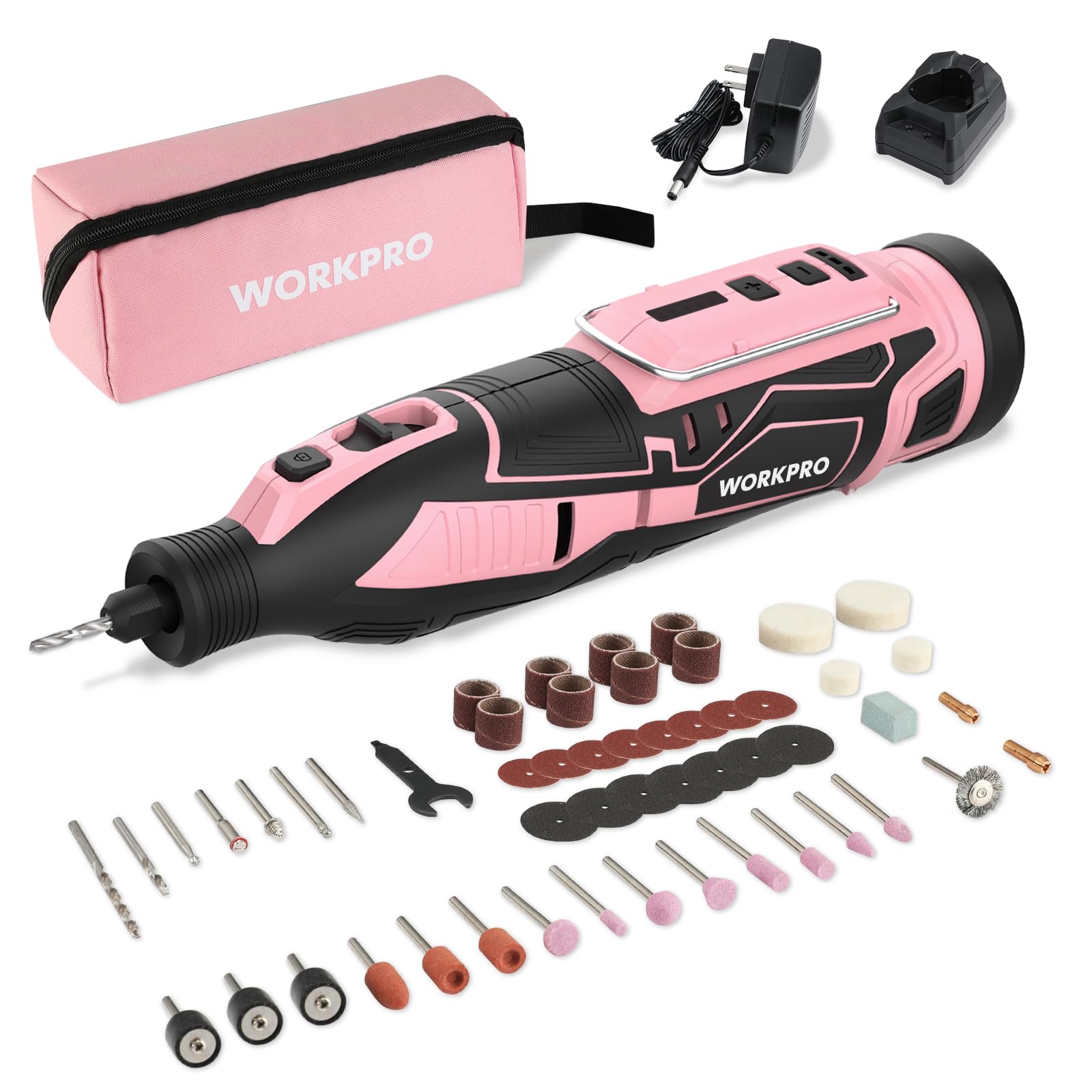 WORKPRO Pink 12V Cordless Rotary Tool Kit, 5 Variable Speeds, Powerful ...