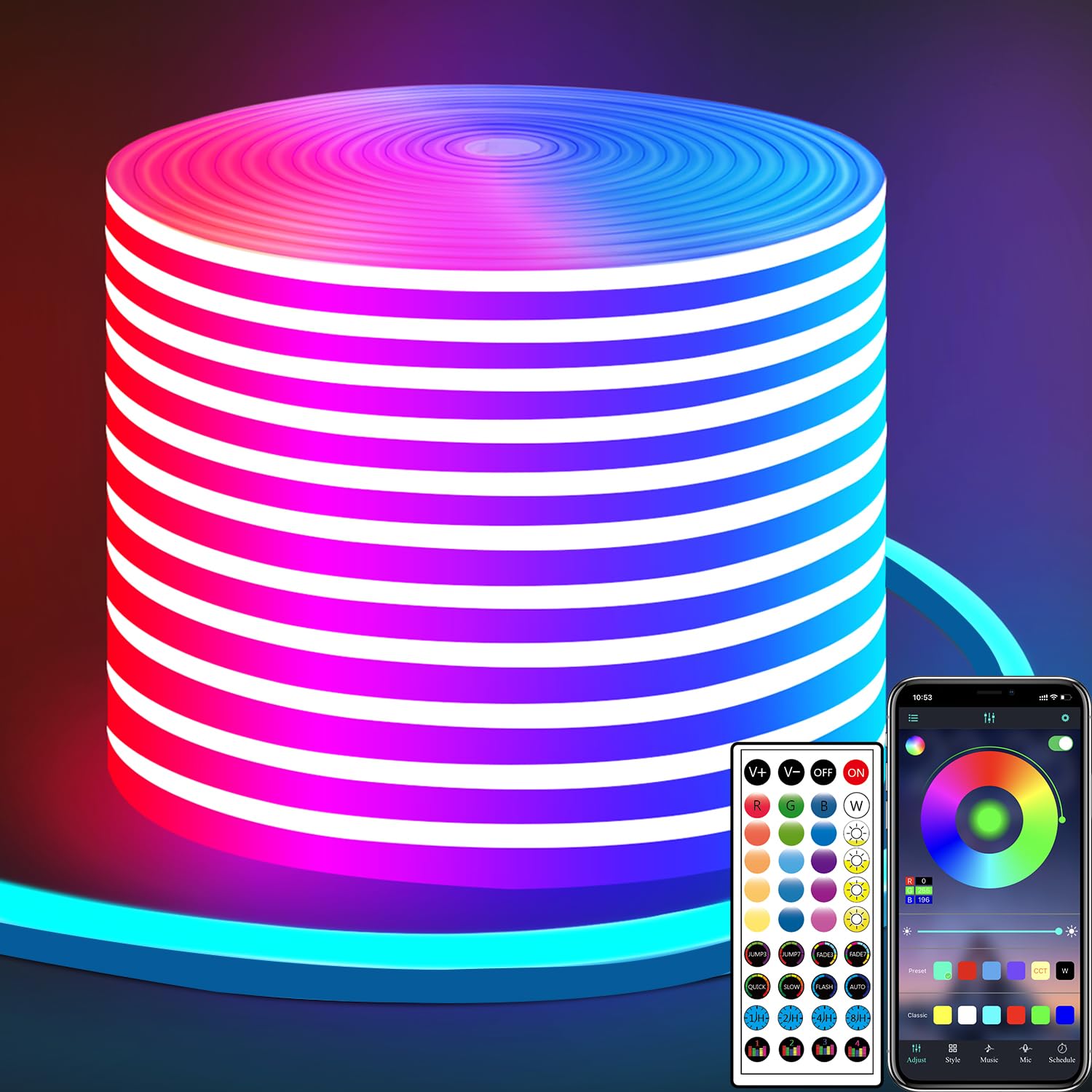 Yeewhale 50ft LED Neon Strip Light with Remote APP Control IP65 ...