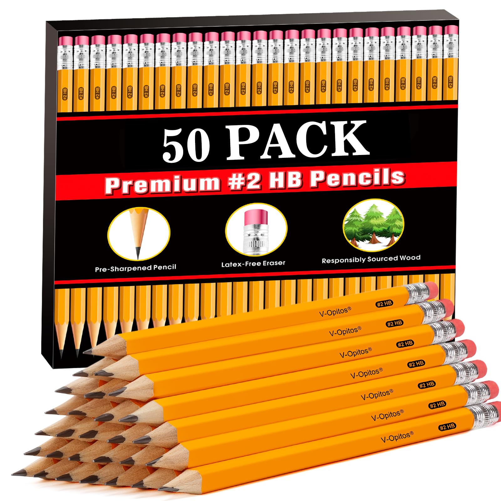 V-Opitos Wood-Cased #2 HB Pencils, 50 Pack Pre-Sharpened Pencils with ...